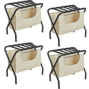 ELYKEN 4 Pack Luggage Rack with Laundry Bag, Guest Room Folding Space Saving Suitcase Holder, Max 110LBS Baggage Shelf with Heavy Duty Nylon Belts, Dirty Clothes Storage for Bedroom Hotel