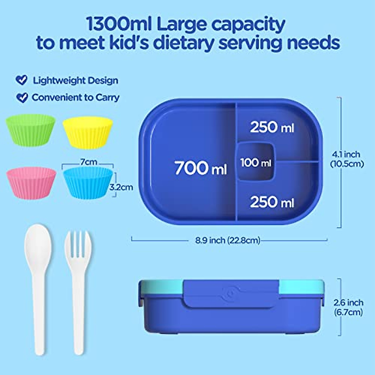 Jelife Lunch Box Kids Bento Box - 1300ML Ideal Leak Proof Bento Lunch Box for Kids School Lunchbox for Teens Toddlers Boys, Lunch Box Snack Containers with Utensil, Food Fork Picks & Cake Cups, Blue