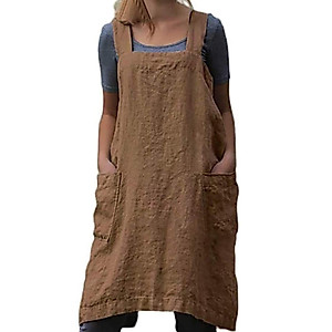 TBA Cotton Linen Apron Cross Back Apron for Women with Big Pockets Square Pinafore Dress for Baking Cooking BBQ & Grill