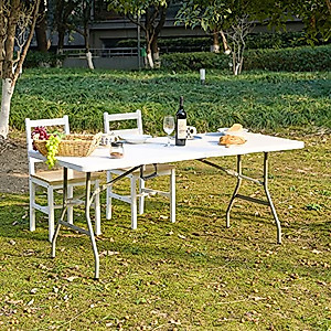 DlandHome Folding Table 6ft, Heavy Duty Plastic Foldable Table with Handle,Plastic Dining Table Indoor Outdoor for Camping, Picnic and Party,Fold-in-Half,White