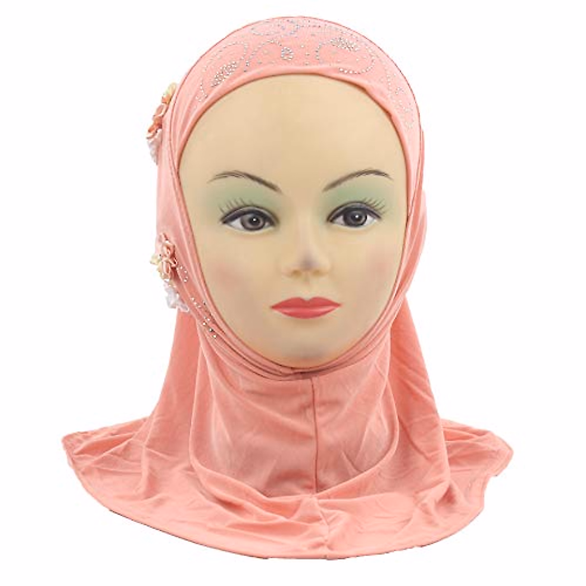 Modest Beauty girls Muslim Islamic Scarf Hijab Handmade flower lovely Rhinestone Headscarf for Kids Orange Pink