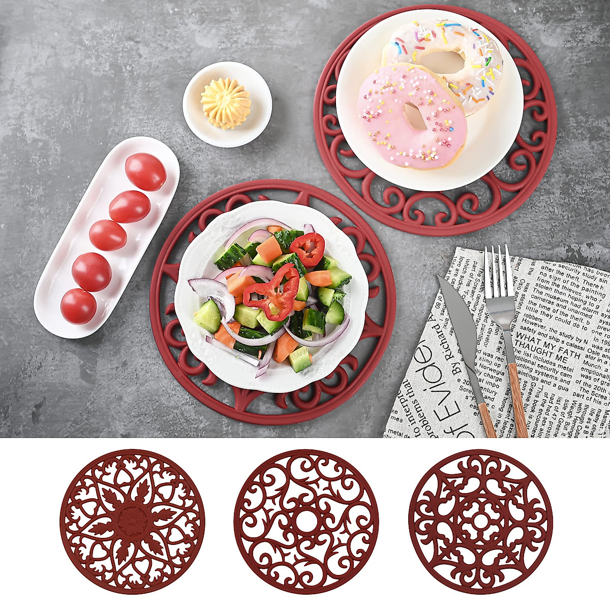 Nstezrne Trivets for Dishes,Silicone Hot Pads for Kitchen, Trivets for Hot Pots and Pans, Intricately Carved Heat Resistant Mats for Tabletop & Countertops, Silicone Trivet Mat Set 3 Burgundy