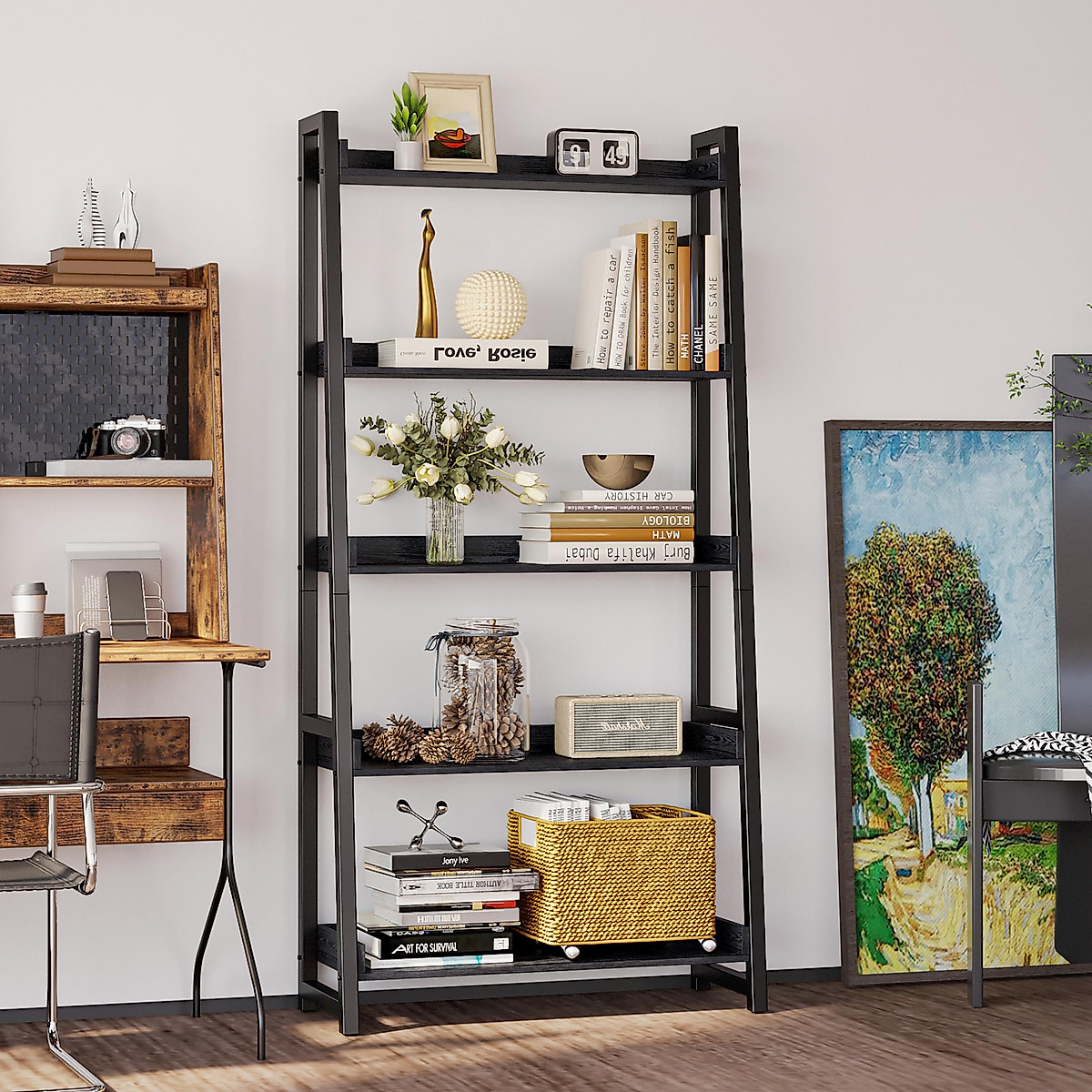 IRONCK Industrial Bookshelf 5-Tier 31.5 in Wide, Bookcase Ladder Shelf, Storage Shelves Rack Shelf Unit, Accent Furniture Metal Frame, Home Office Furniture for Bathroom, Living Room