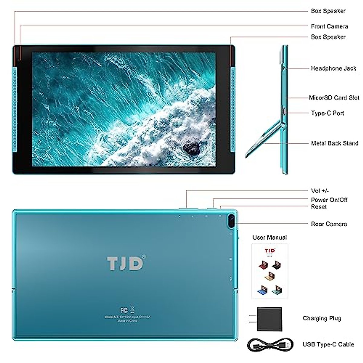 TJD 10.1 inch Tablet,Android Tablets,2GB RAM 32GB ROM, Quad Core Processor, HD IPS Screen, 2.0MP Front+5.0MP Rear Camera,Google Tablet, Wi-Fi, Bluetooth, MT-1011QU, Blue