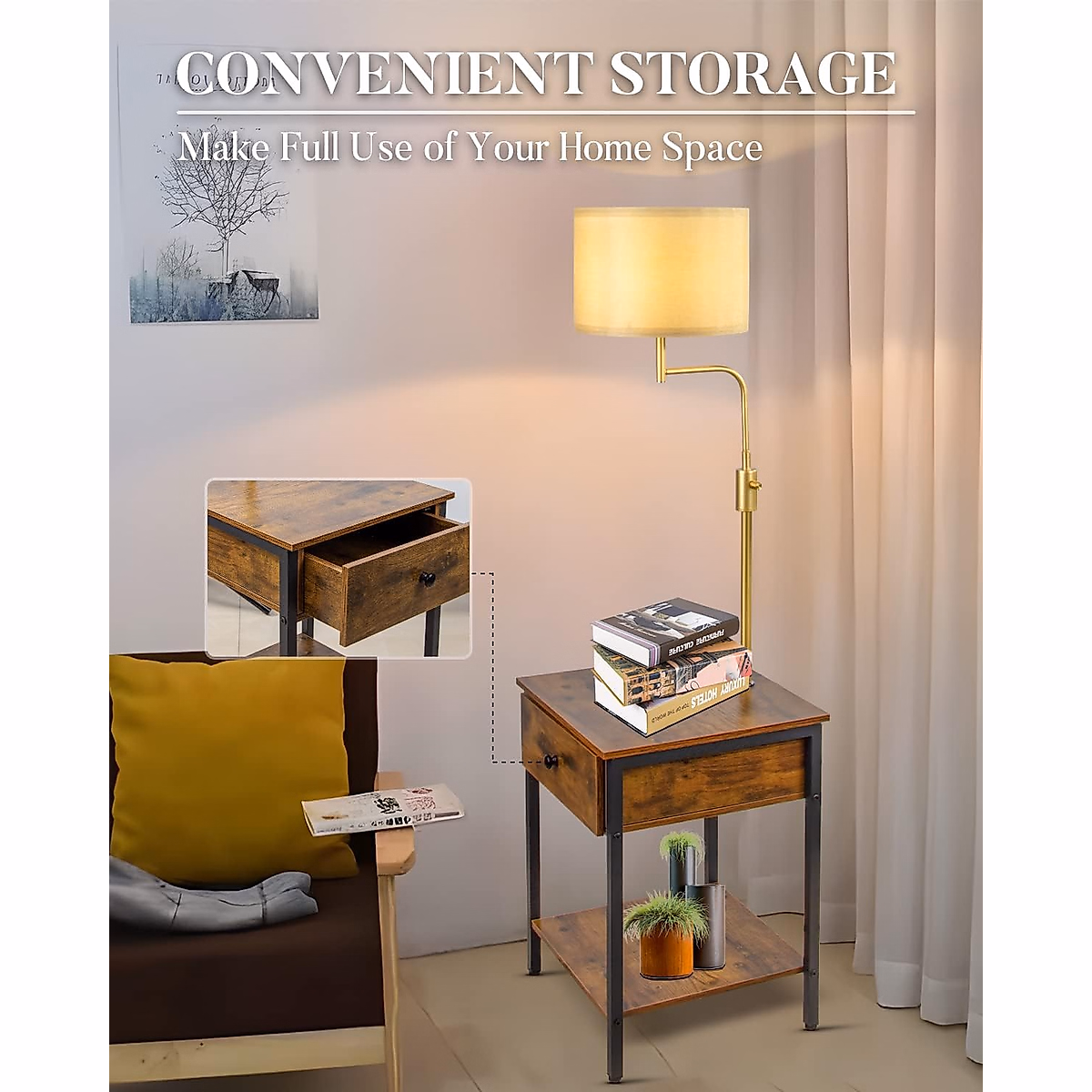 bulbeats 54IN Side End Table with Lamp Attached, Dimmable (Brightness Adjustable) Floor Lamp with Drawer and Shelf, 3000K E26 Bulb Included, 300° Rotatable Standing Lamp for Living Room Bedroom