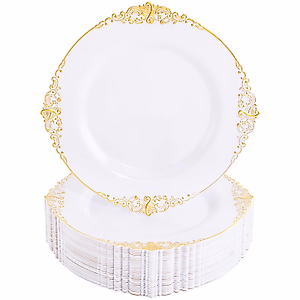 Nervure 100PCS White and Gold Plastic Plates - 7.5inch Gold Disposable Plates - Heavyweight Gold Plastic Plates - Gold Dessert Plates for Wedding & Party & Christmas