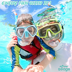 Seago Kids Swim Goggles with Nose Cover Snorkel Mask Scuba Diving Swim Mask Anti-Fog Tempered Glass, Panoramic Clear View Silicone Seal Snorkeling Gear Swimming Goggles for Kids 6-14 Boys Girls Youth