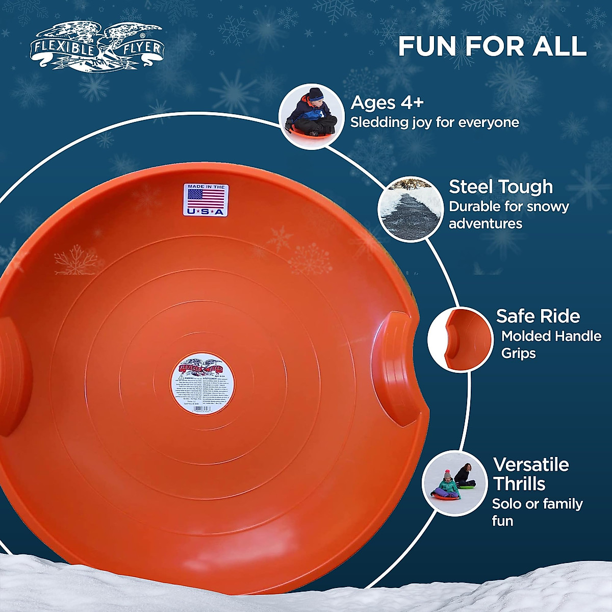 Flexible Flyer Flying Saucer 26 Inch Round Plastic Sled Snow Toy, 1 Person Winter Sled w/Hand Grips for Kids and Adults, Ages 4 Years and Up, Orange