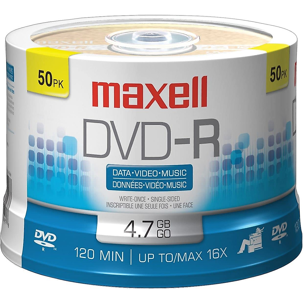 Maxell 638011 DVD-R Discs, 4.7GB, 16x, Spindle, Gold, 50/Pack