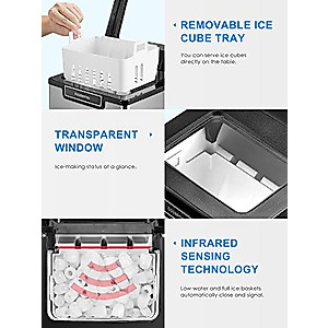 Ice Maker Machine Countertop, Portable Compact , 28lb 3 Cube Sizes in 24 Hours, 9 Ice Cubes in 5 Minutes, Programmable Timer Setting, with Ice Scoop and Basket for Home