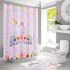 Rainbow Unicorn Bathroom Sets with Shower Curtain Rugs Mats Non Slip Waterproof Bathroom Decorations Accessory Sets 4 PCS with Rugs Toilet Lid Cover Bath Mat for Kids Girls