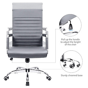KaiMeng Ribbed Office Desk Mid Back Computer Chair Height Adjustable Conference Executive Task Swivel PU Leather (Grey)