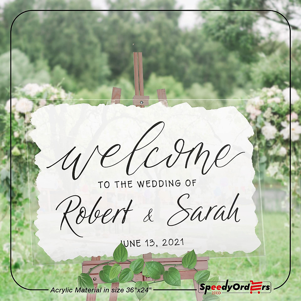 SPEEDYORDERS Garden Garland Welcome to Our Wedding Sign - Personalized Wedding Welcome Sign - Custom Wedding Reception Signs - Wedding Poster (Wedding Sign 6, Paper)