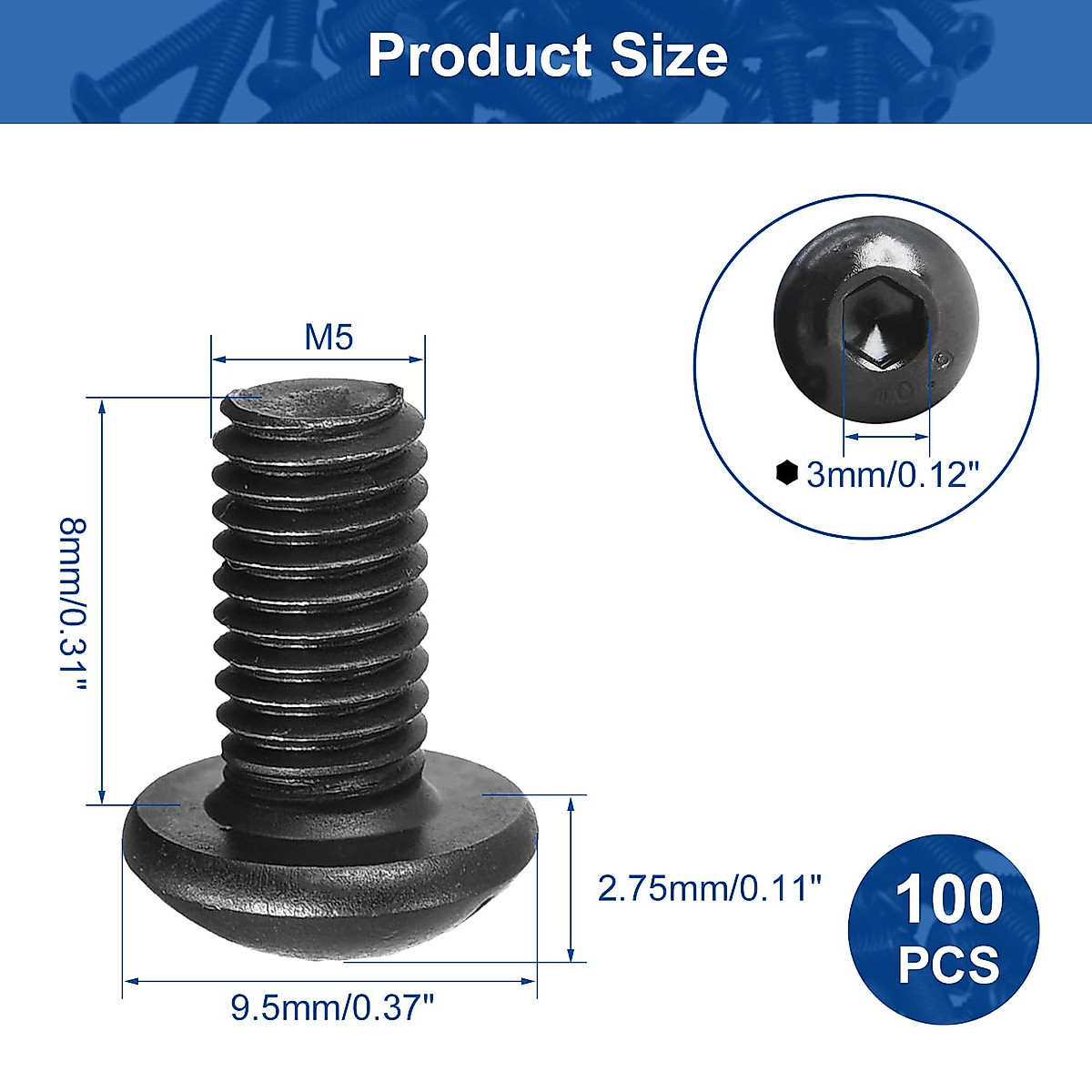 MroMax 100Pcs M5 x 8mm Button Head Socket Cap Bolts Screws, Alloy Steel 10.9 Grade, Allen Socket Drive, Black Oxide Finish, Fully Machine Thread