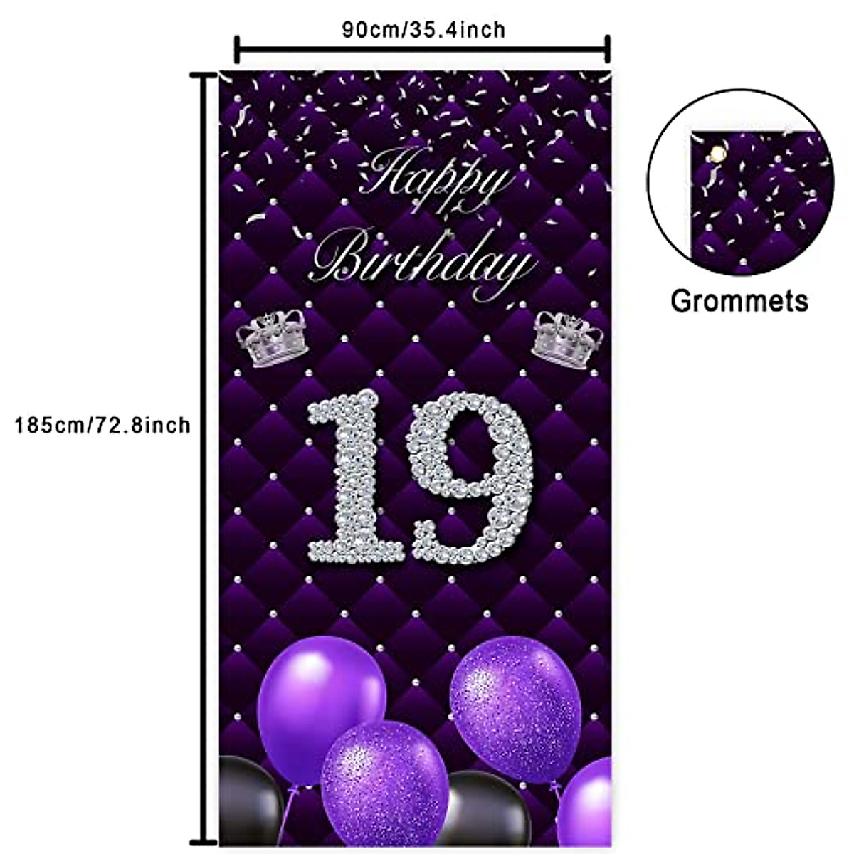 Happy 19th Birthday Purple Banner Backdrop Photo Booth Props Balloons Silver Crown Theme Decor for Woman Nineteen Year Anniversary 19 years Old Birthday Party Favors Supplies Decorations