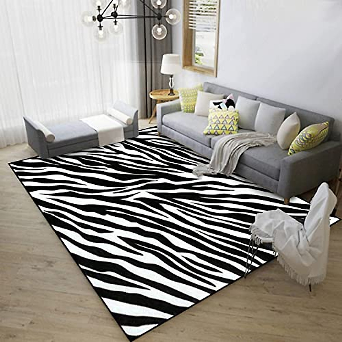 Modern Abstract Black and White Zebra Area Rug, Zebra Striped Animal Print Rugs, Soft Non Slip Machine Washable Carpet for Living Room Bedroom Study Kitchen Home Decor, 4x6ft