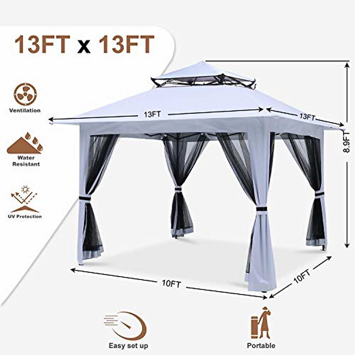 MASTERCANOPY Patio Gazebo Outdoor Pop Up Gazebo with Mesh Walls (13x13 White)