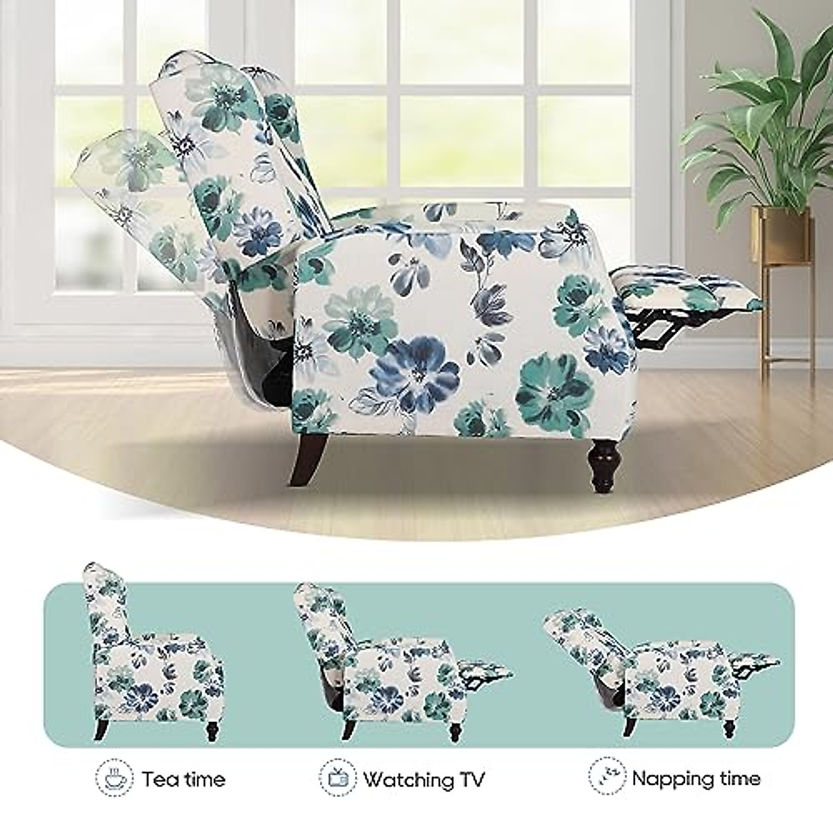 BAIJIAWEI B Wingback Recliner Chair - Tufted Arm Chair Recliner - Fabric Push Back Recliner Chair for Living Room Adjustable Backrest (Single, Green Floral)