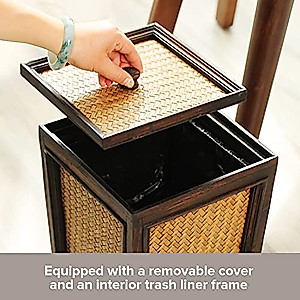 Rattan Basket Wooden Trash Can - Hand Woven Basket Trash Can with Lid - 9"x8.3"x13" Small Garbage Can with Cover - Decorative Natural Wood Garbage Bin for Living Room, Bedroom or Bathroom Trash Can