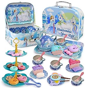 Toddler Toys Tea Set for Little Girls - 48 Pcs Tin Tea Set for Kids Includes Teapot, Tea Cup, Saucers Set Snack Plates & Desserts , Unicorn Princess Tea Party Set with Carrying Case