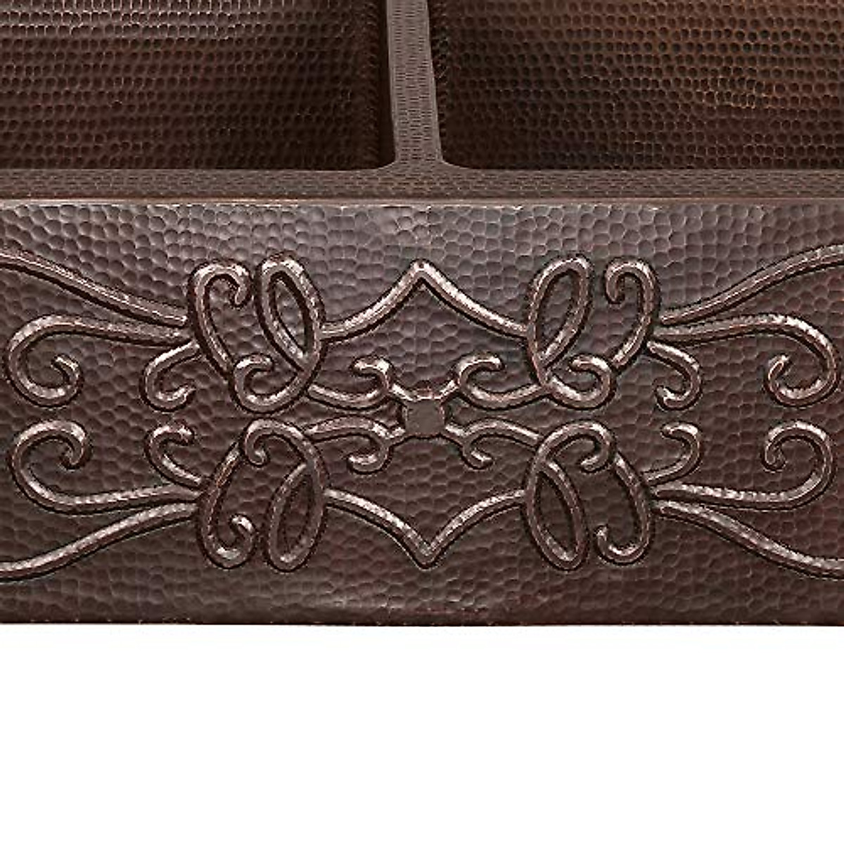 Premier Copper Products KA50DB33229S 33-Inch Hammered Copper Kitchen Apron 50/50 Double Basin Sink with Scroll Design, Oil Rubbed Bronze