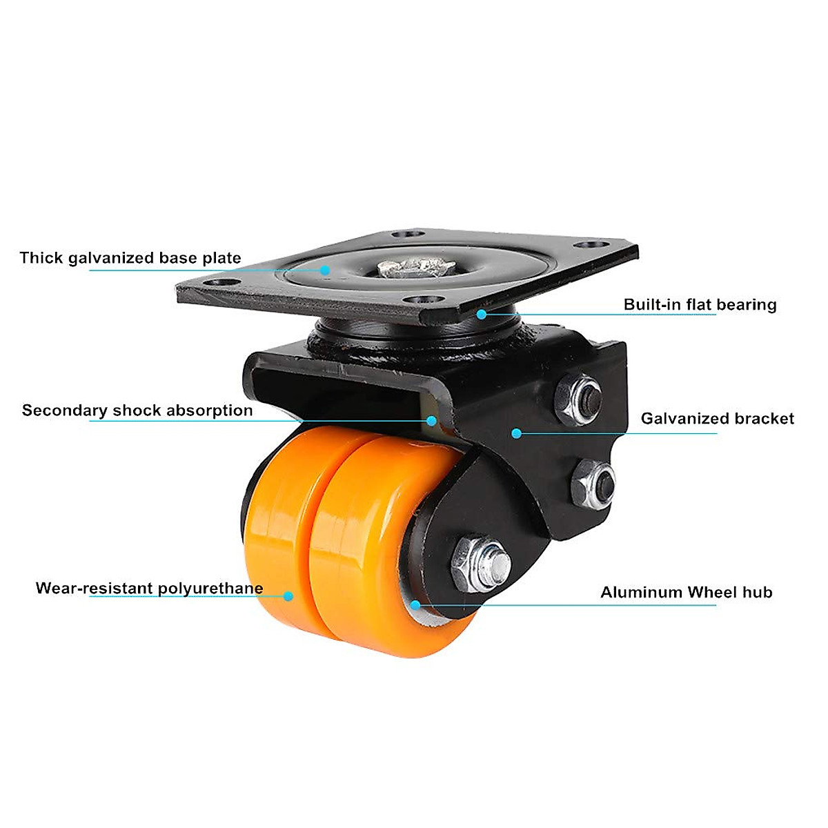 Chair Castors,Swivel Caster Wheels,Yellow Swivel Gate Wheel Polyurethane Plate Caster Fence Hardware,Heavy Duty Double Wheel,Scalable Double Spring Loaded,Secondary Shock Absorption,Plane Bearing,for