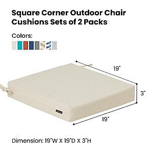 Stricklandhome Outdoor Chair Cushions Set of 2 for Patio Furniture, Square Corner Patio Chair Cushions with Ties, Outdoor Chair Cushions for Dinning Chairs,19" X 19" X 3", Beige