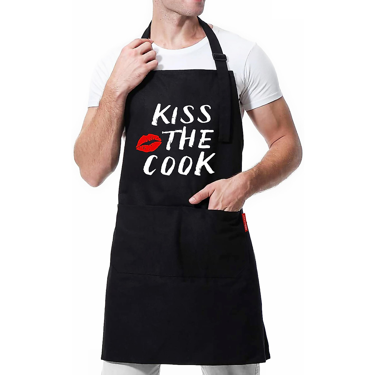 XBPDMWIN Kiss the Cook Apron Men - Funny BBQ Grill Apron for Cooking Enthusiasts - Adjustable Apron with 2 Pockets for Adult/Men/Women (Black)