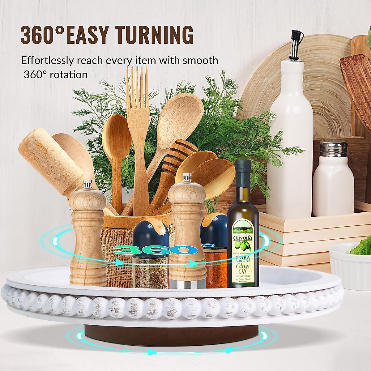 HPC Decor 12 Inch Beaded Lazy Susan- Wooden Lazy Susan Organizer- Farmhouse Table Decor- Round Lazy Susan for Table Cabinet- Kitchen Turntable 360 Degrees Rotating Table Decor Spinning Tray (White)