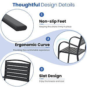 SUNSITT Patio Dining Chairs Set of 2, Aluminum Outdoor Dining Chairs with Faux Wood Slats, All-Weather Stackable Patio Chairs w/Armrests for Lawn, Porch, Garden and Deck, Black