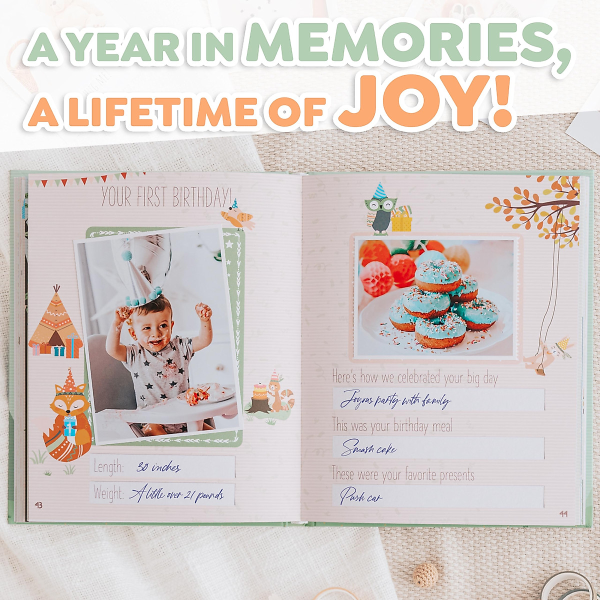 Kwii&Kwii - First-Year Baby Memory Book - Woodland Animals Theme - 80 Pages - Keepsake Album for Boys and Girls