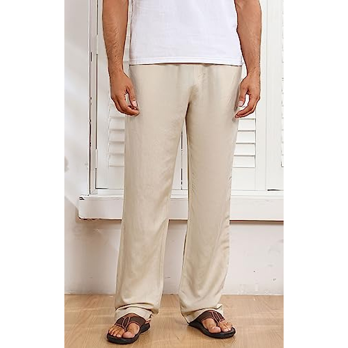 Soojun Mens Linen Pull on Pants with Elastic Waist Casual Yoga Pants, Khaki, Medium/32 Inseam