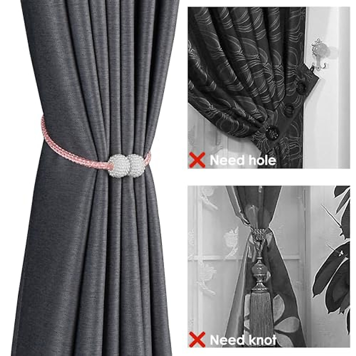 SHIDOW Curtain Tiebacks, Magnetic Curtain Ties, Pearl Curtain Tie, Curtain Tieback Buckle, for Living Rooms, Bedrooms, Kitchens, Restaurants, Bathrooms, Homes, and Offices（6 Pack (Pink)