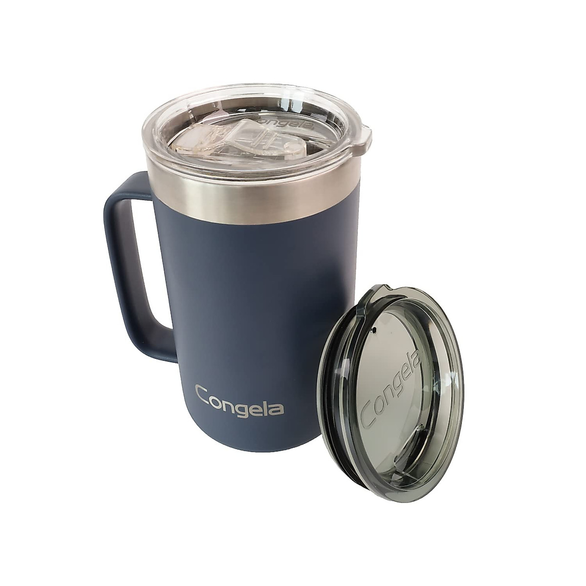 Congela stainless steel insulated coffee mug with 2 lids and big handle, tea cups with replacement lids, travel coffee mug tumbler for camping(18OZ Navy)