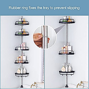 BAOYOUNI 5-Tier Shower Corner Caddy Tension Pole Adjustable Bathroom Shelf Floor to Ceiling Storage Rack Organizer Holder with Towel Bar - No Drilling - Black