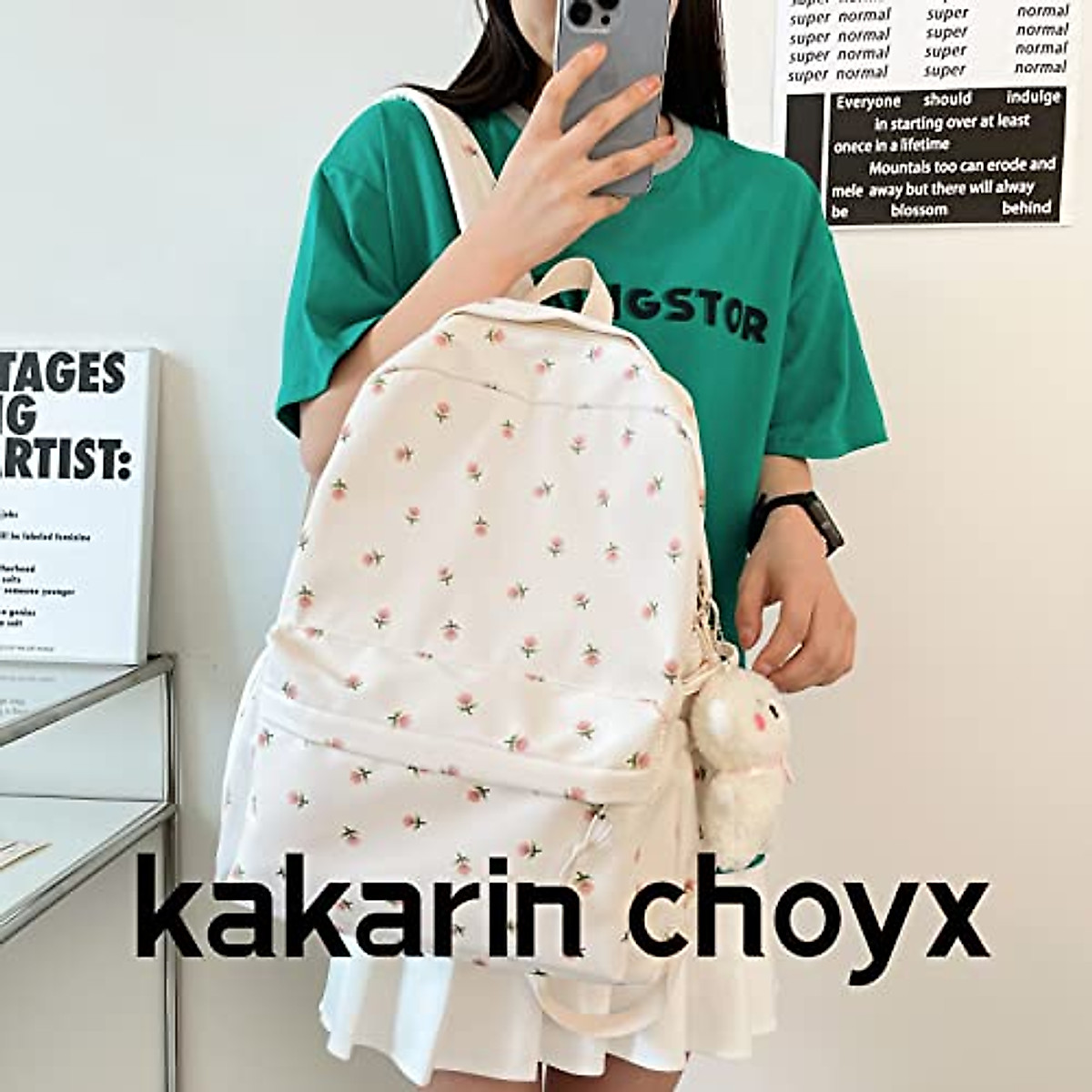 kakarin choyx Kawaii Backpack Mori Art Floral Backpack With Pendant 16.1 Inch Aesthetic Backpack Cute Backpack Classic Casual Computer Backpack (White)