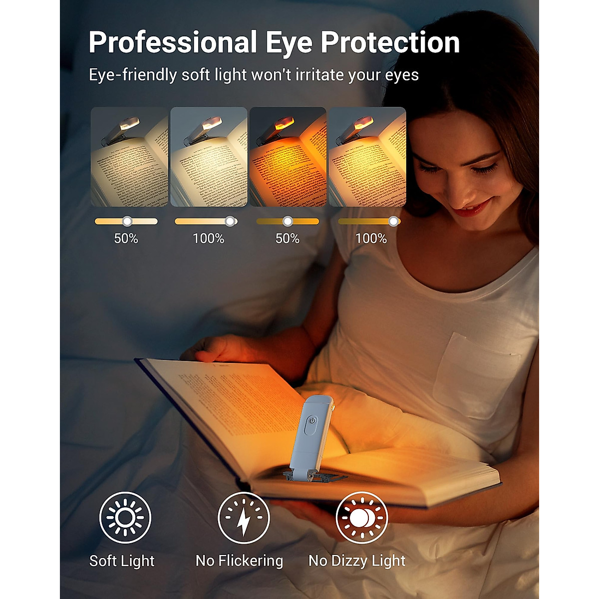 DEWENWILS Book Reading Light, Rechargeable Booklight for Reading at Night, Clip on LED Book for Kids, Bookworms, Blue Light Blocking, 4 Brightness Adjustable for Eye Care (White)