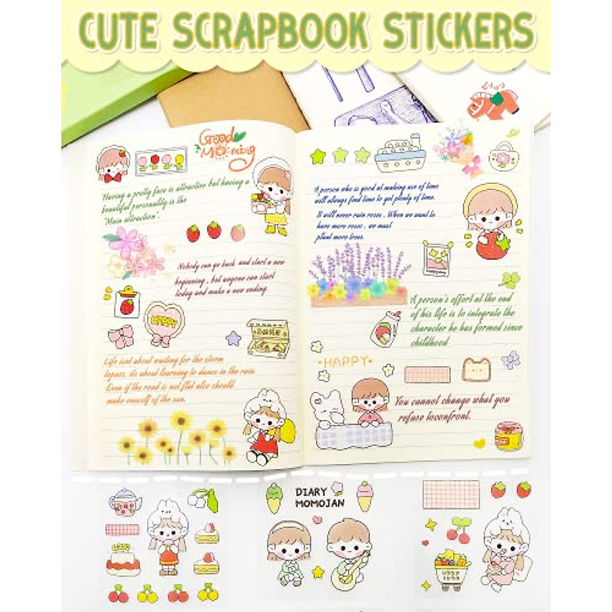 Benresive 1000 Pcs Cute Stickers for Kids, Water Bottle Stickers Kawaii Waterproof Vinyl Scrapbook Phone Laptop Stickers, 100 Sheets Journaling Aesthetic Sticker Packs for Girls Teens（Green）