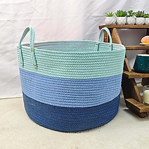 Cotton Rope Basket,Home Three Layers Gradient Blue, 19.7x19.7x13 Inches Large Rope Basket Blanket Basket Living Room
