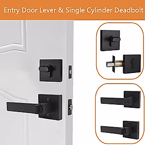 Probrico Flat Black Square Entry Levers Locksets and Single Cylinder Deadbolts Combination Set, Heavy Duty Front Door Office Entrance Levers, 3 Pack Keyed Alike(All Same Keys)