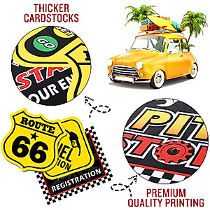 12 Pieces Racing Signs Race Car Party Decorations, 9.8-11.8 Inch Laminated Car Racing Decoration, Traffic Signs Cutouts, Road Racing Themed Party Signs, Racing Cutouts with 40 Glue Point Dots