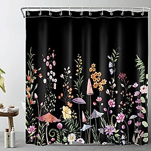 LB Spring Wildflower Shower Curtain Decor, Colorful Floral and Mushroom Green Plant on Black Shower Curtains for Bathroom 72X72 inch Polyester Fabric Bathroom Decoration Bath Curtains Hooks Included