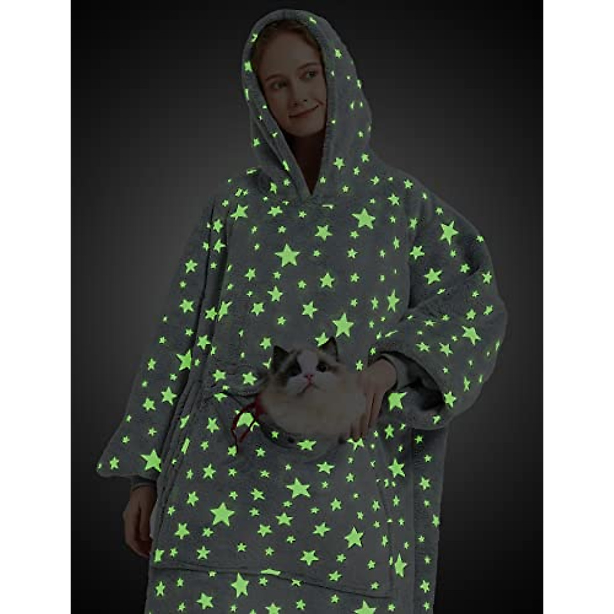 Wearable Blanket Hoodie Lengthened Oversized Sweatshirt for Adult, All Patterns Flannel Sherpa Blanket with 3 Pockets Mothers Day Gifts Glow in the Dark Star