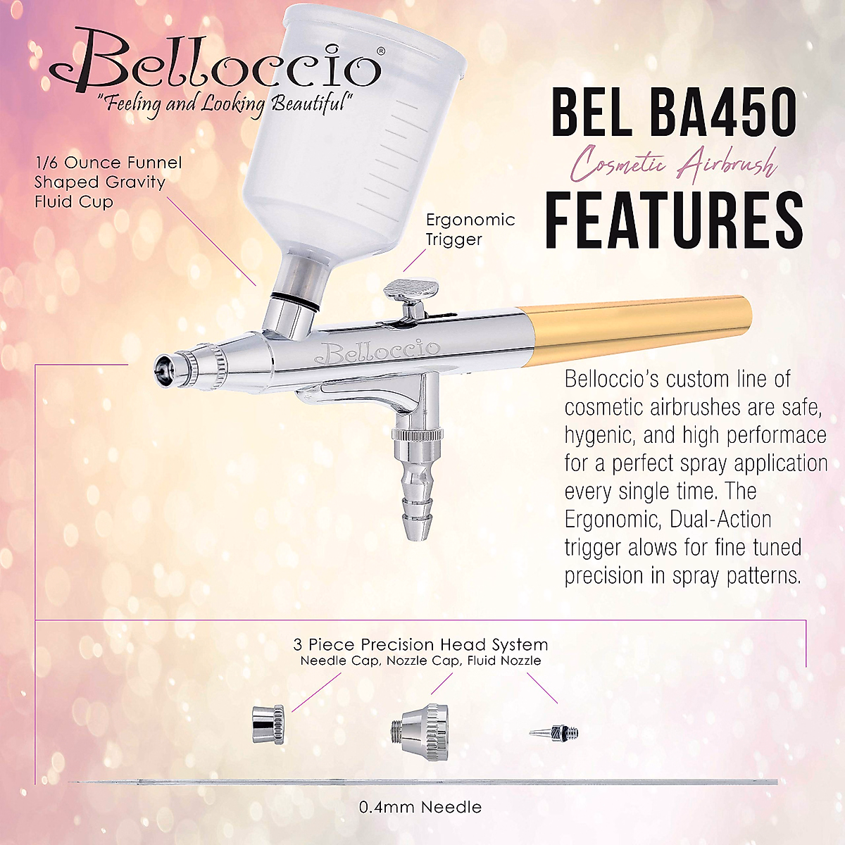 Belloccio Sunless Tanning Airbrush Multi-Purpose Precision Gravity Feed Airbrush with a 0.4mm Tip Also Great for Cake Decorating