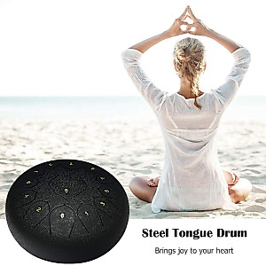 Sonart 12 Inch High Carbon Steel Tongue Drum, 13 Notes Lotus Hand Steel Pan Drum w/Drum Hammer, Drumstick Bracket, Rubber Finger Sleeve and Travel Bag for Camping, Meditation, or Yoga (Black)