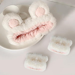 Headbands for Women Makeup Headband Spa Headband for Washing Face and Matching Wristbands Skincare Headbands Hair Band Women Facial Makeup Head Band Soft Fuzzy Head Wraps for Girls (White-Bear Ears)