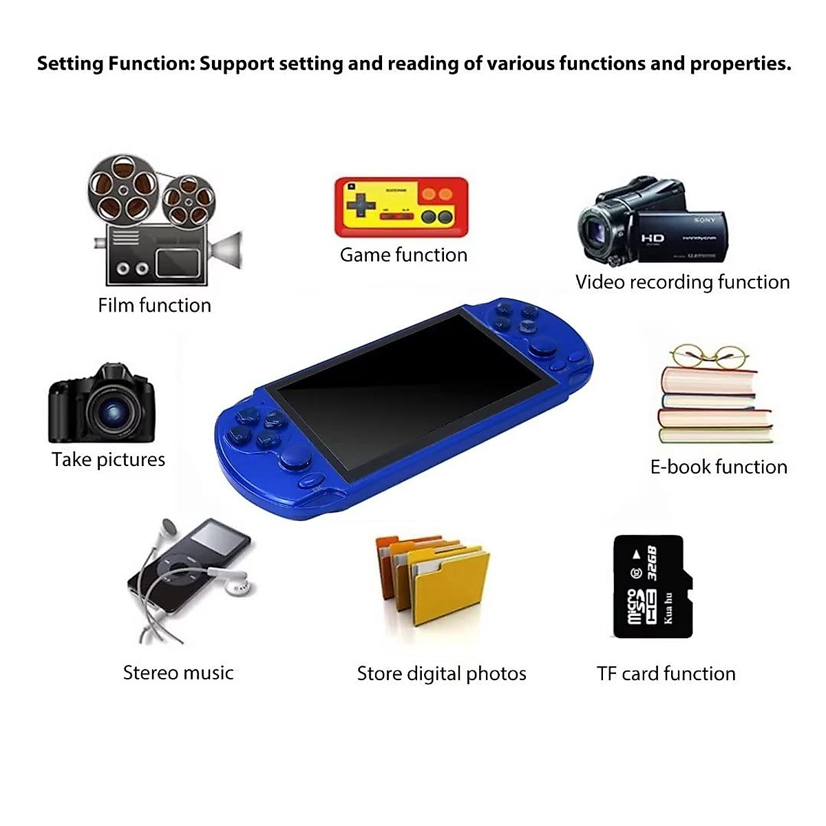 Built in 10000 Games Retro Handheld Video Game Console 5.1'' 8GB Retro Handheld Game Console Portable Video Game(Blue)