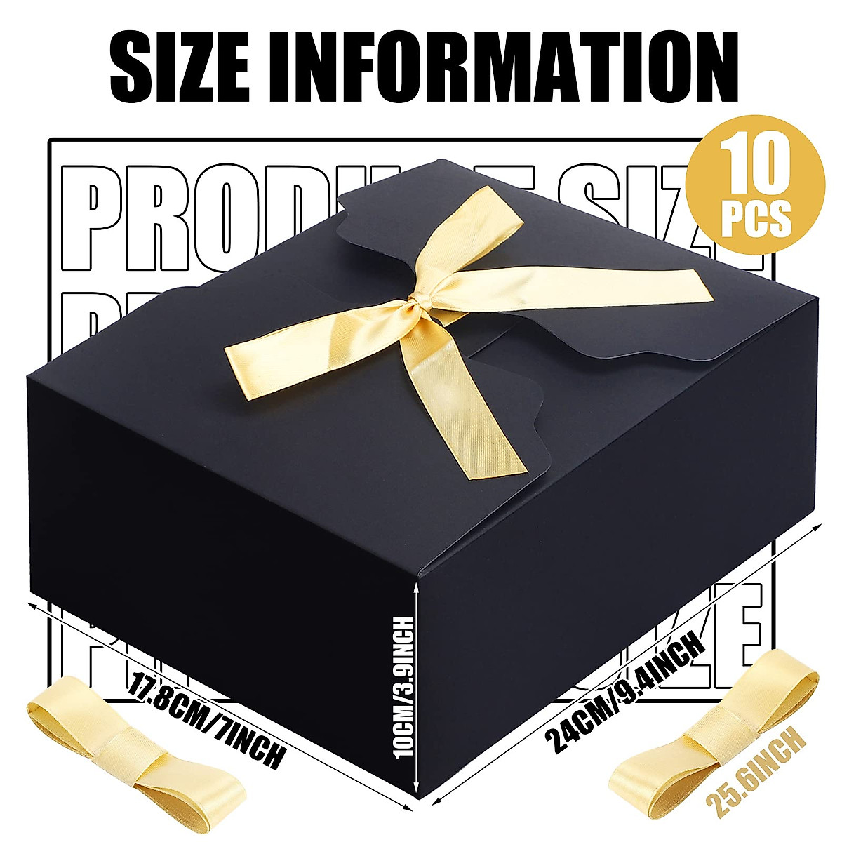 10 Pcs Gift Boxes with Lids Black Gift Boxes Bridesmaid Proposal Box Paper Cardboard Gift Box with Ribbon Gift Wrap Boxes for Wedding Birthday Party Packaging Present Crafting (9.5 x 7 x 4 Inches)