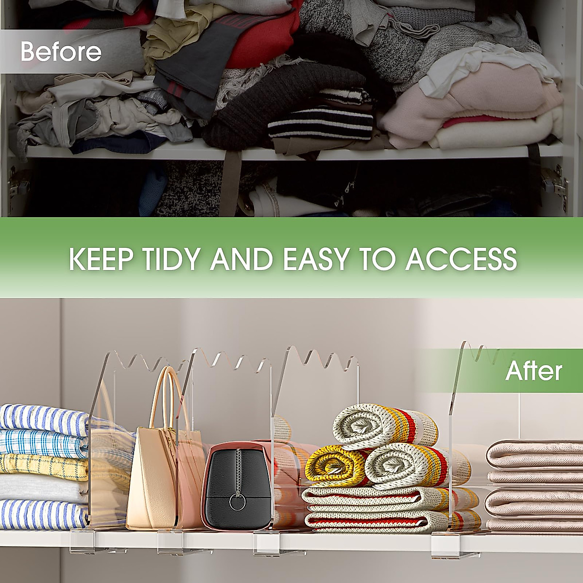 SPACEKEEPER Shelf Dividers for Closet Organization, Clear Closet Shelf Divider for Clothes Purses Separators, Wood Shelves Organizer for Bedroom, Kitchen, Office, Cabinets, Bathroom, 12 Pack