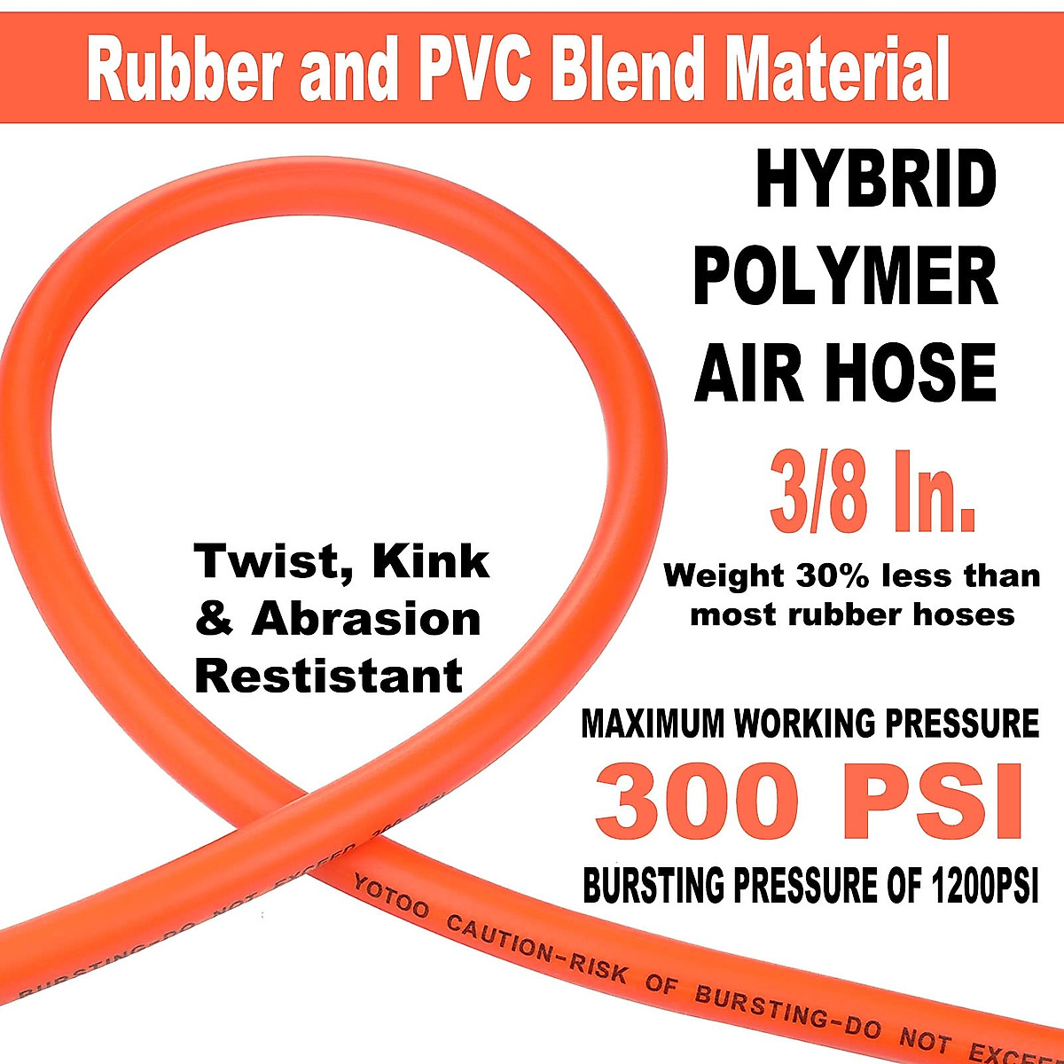 YOTOO Air Hose 3/8 in. x 3 ft, 300 PSI Hybrid Lead-in Air Compressor Hose, Heavy Duty, Lightweight, Kink Resistant, All-Weather Flexibility with 1/4“ Quick Coupler Fitting and Bend Restrictors, Orange